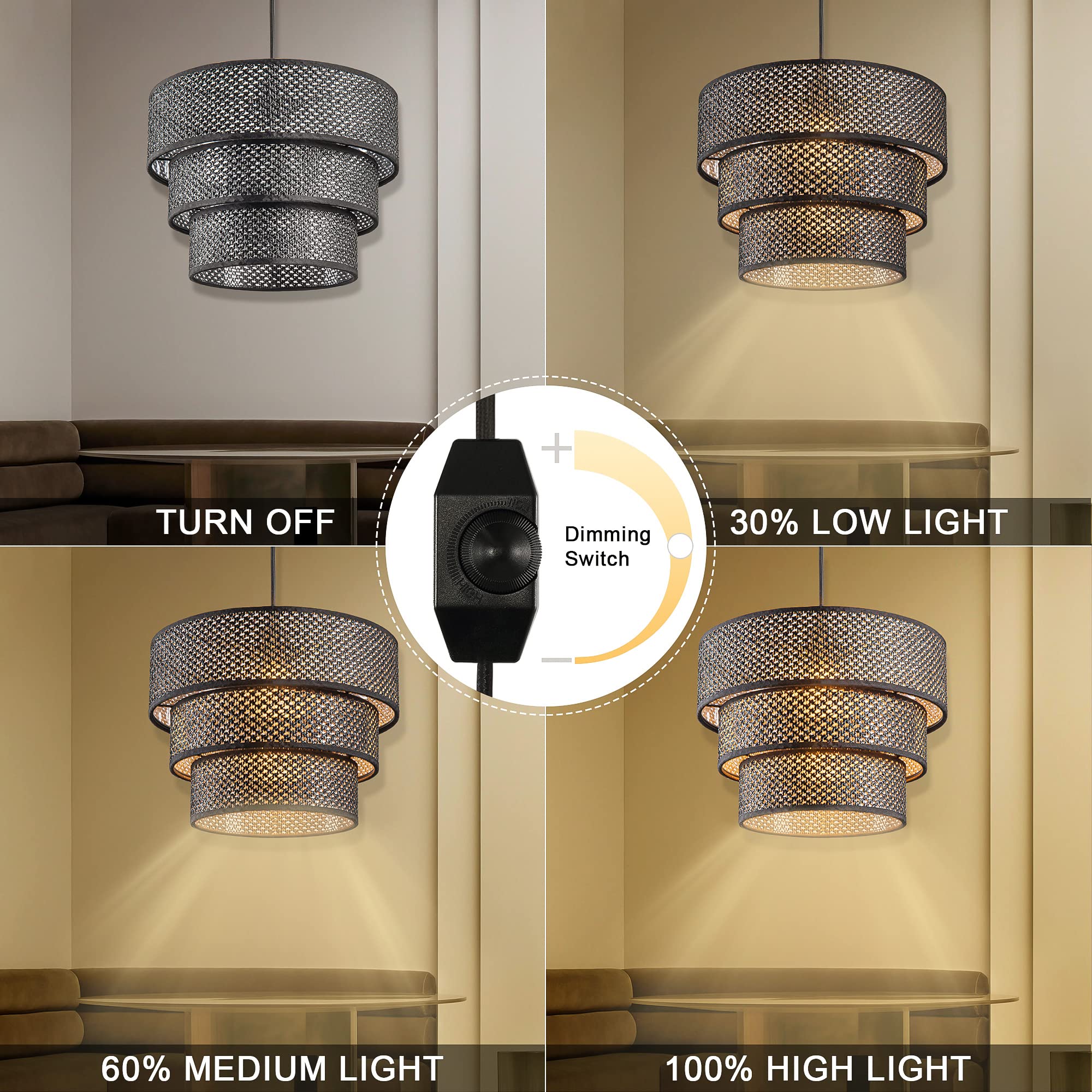 Mateyrie Plug in Pendant Light, Hanging Lamp with Dimmable Switch, Pendant Light Fixtures with 15 Ft Cord, Hanging Light with Black Rattan Shade for Bedroom, Kitchen, Living Room, Dining Table