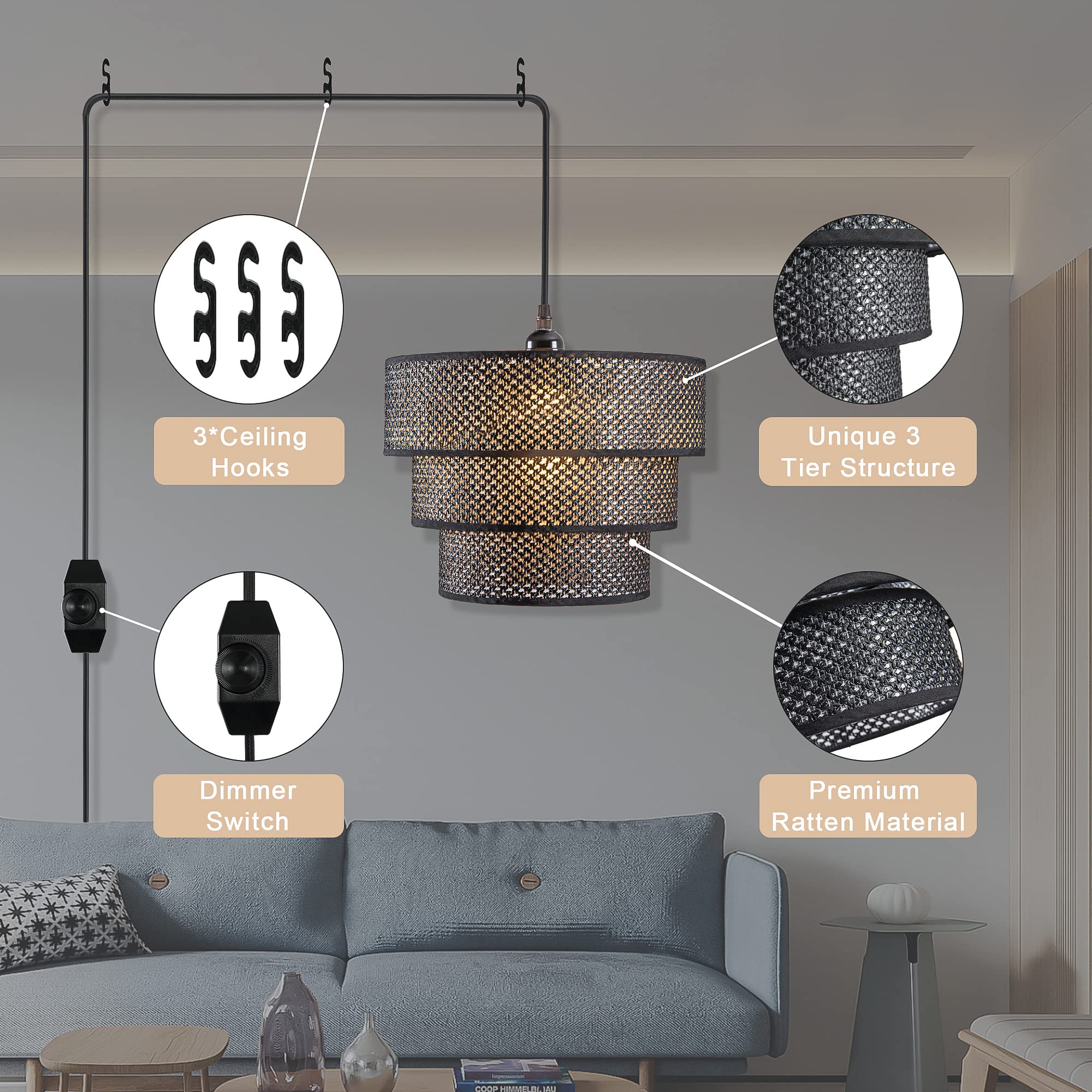 Mateyrie Plug in Pendant Light, Hanging Lamp with Dimmable Switch, Pendant Light Fixtures with 15 Ft Cord, Hanging Light with Black Rattan Shade for Bedroom, Kitchen, Living Room, Dining Table
