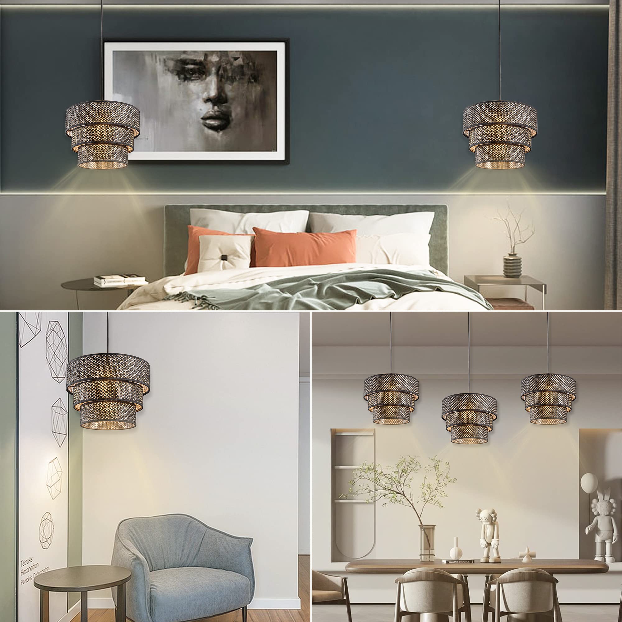 Mateyrie Plug in Pendant Light, Hanging Lamp with Dimmable Switch, Pendant Light Fixtures with 15 Ft Cord, Hanging Light with Black Rattan Shade for Bedroom, Kitchen, Living Room, Dining Table