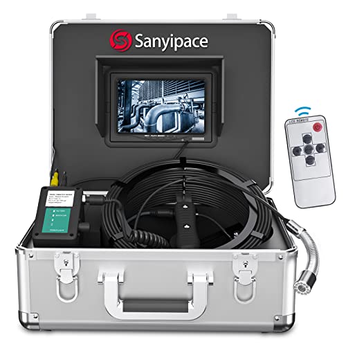 Sanyipace Sewer Camera, Remote Control, 1080P FHD, Zoom in, 100FT/30M, Sapphire Lens, Battery Level Display, 12 Adjustable White LEDs, 7'' LCD Screen, Plumbing Drain Camera, 16GB Card, Battery Powered