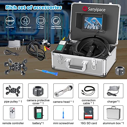 Sanyipace Sewer Camera, Remote Control, 1080P FHD, Zoom in, 100FT/30M, Sapphire Lens, Battery Level Display, 12 Adjustable White LEDs, 7'' LCD Screen, Plumbing Drain Camera, 16GB Card, Battery Powered