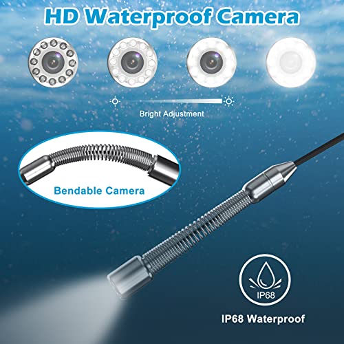 Sanyipace Sewer Camera, Remote Control, 1080P FHD, Zoom in, 100FT/30M, Sapphire Lens, Battery Level Display, 12 Adjustable White LEDs, 7'' LCD Screen, Plumbing Drain Camera, 16GB Card, Battery Powered
