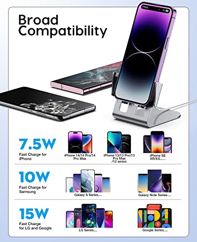 15W Fast Wireless Charger,Aluminum Alloy Cell Phone Stand,Compatible with iPhone 14 13 12 XR XS 8 Series Samsung Galaxy S21 S20 Note 20 10 Google etc, with 20W USB C PD Adapter 5ft Cable Cord