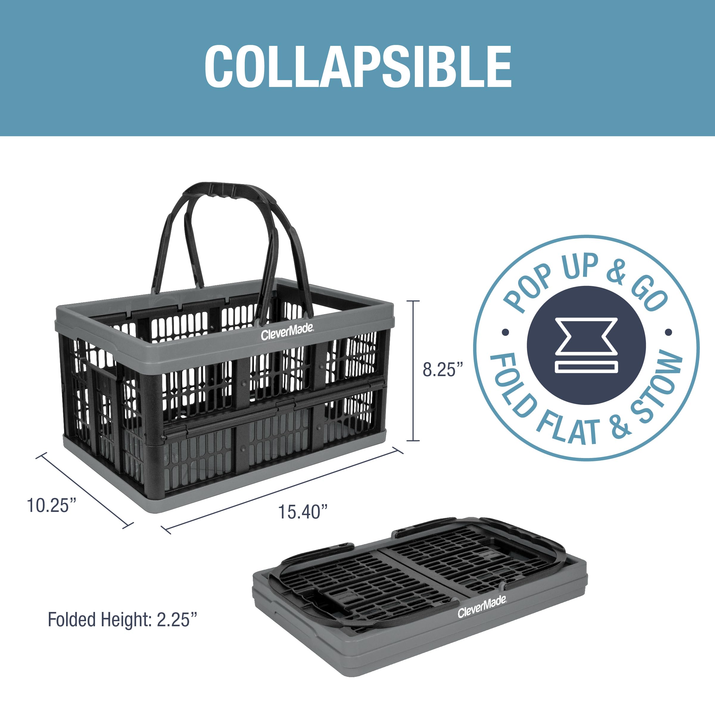 CleverMade 16L Collapsible Reusable Plastic Grocery Shopping Baskets; Small Foldable Storage Crates with Handles, 3 Pack, Charcoal