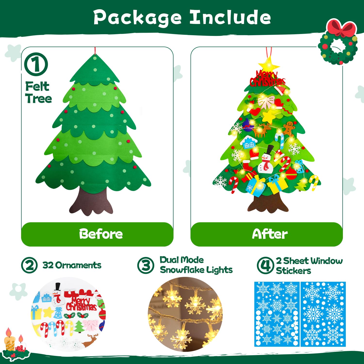 Felt Christmas Tree for Toddlers - 3.3 FT Felt DIY Tree for Kids Wall with Snowflake Lights + 32 Ornaments, Christmas Indoor Home Decorations, Kids Toddler