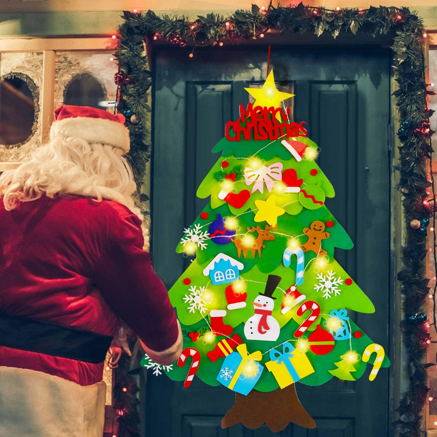 Felt Christmas Tree for Toddlers - 3.3 FT Felt DIY Tree for Kids Wall with Snowflake Lights + 32 Ornaments, Christmas Indoor Home Decorations, Kids Toddler