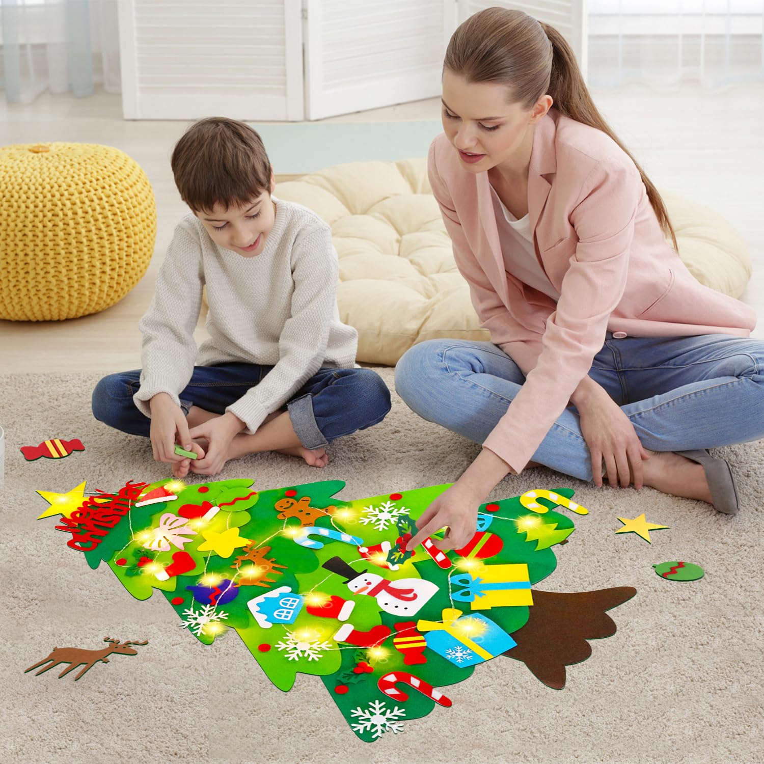 Felt Christmas Tree for Toddlers - 3.3 FT Felt DIY Tree for Kids Wall with Snowflake Lights + 32 Ornaments, Christmas Indoor Home Decorations, Kids Toddler