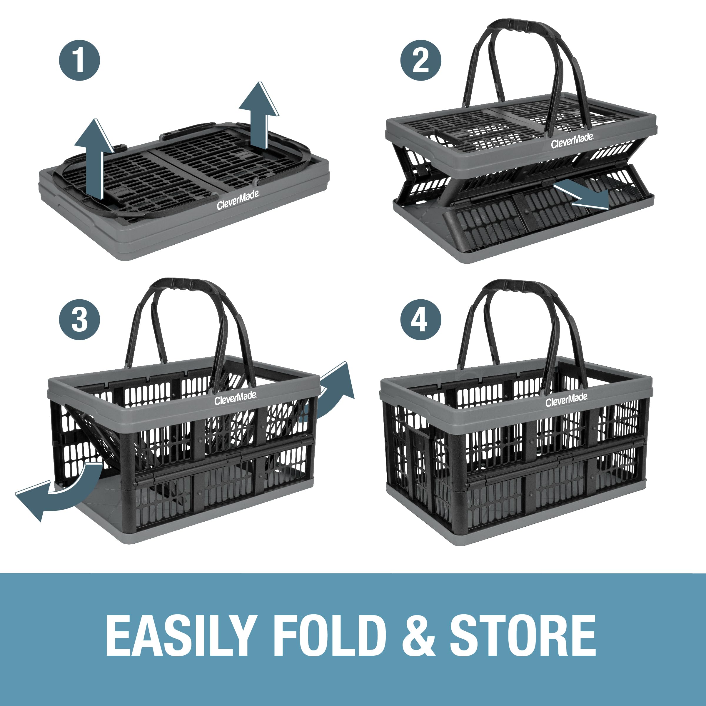 CleverMade 16L Collapsible Reusable Plastic Grocery Shopping Baskets; Small Foldable Storage Crates with Handles, 3 Pack, Charcoal