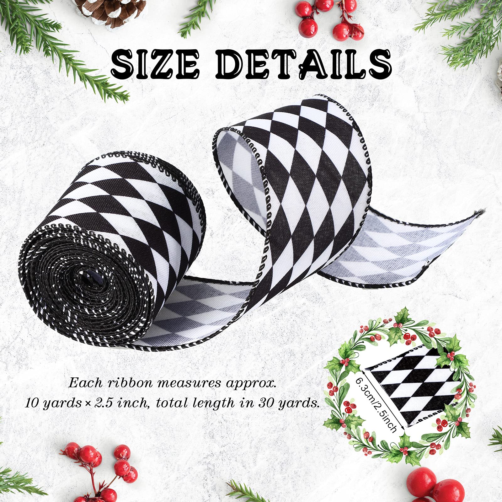 3 Rolls 2.5 Inch 30 Yards Black White Harlequin Ribbon Halloween Christmas Checkered Wired Ribbon Decorative Ribbons for Xmas Fall Tree Wrapping Wreath Bouquet Crafts