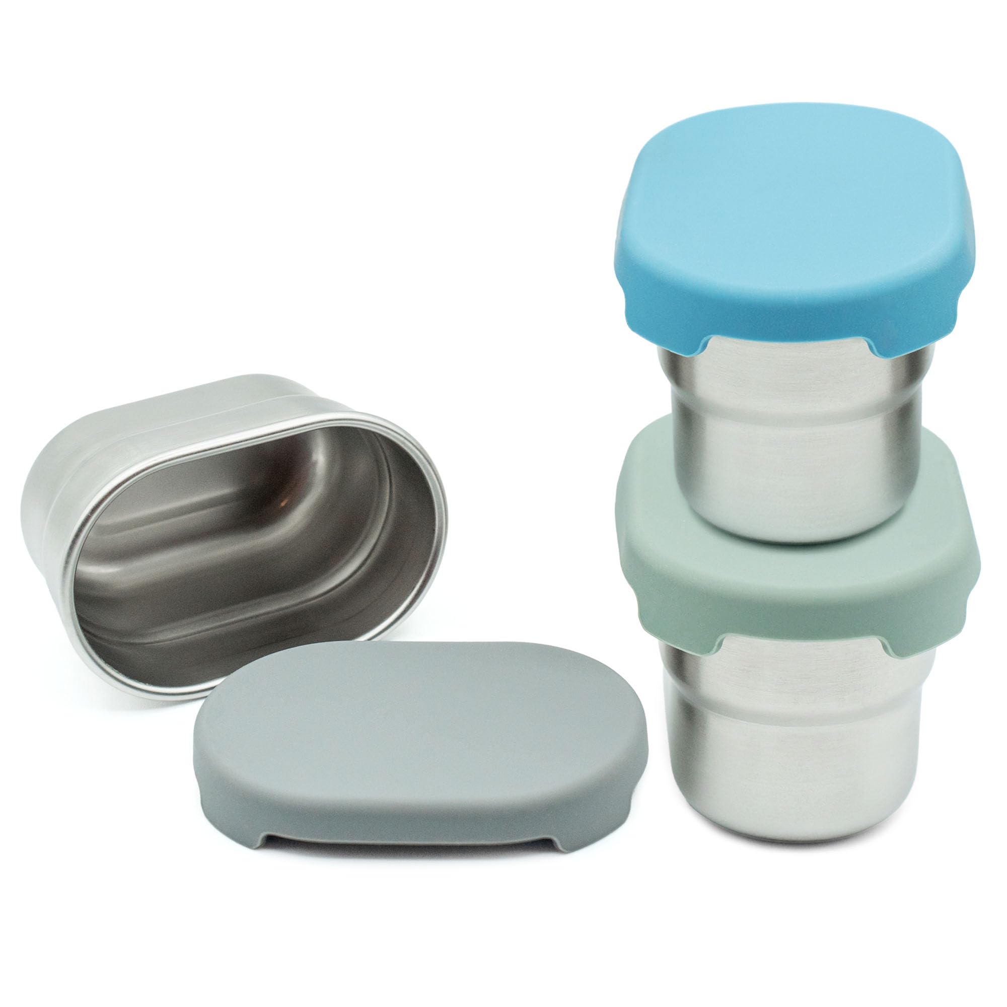 WeeSprout 18/8 Stainless Steel Condiment Containers - Set of 3 Small Dipping Sauce Cups (2.5 oz) with Lids, Pack in Kid/Adult Lunch Box, Leakproof Silicone Lids, Easy to Open, for Dips/Condiments