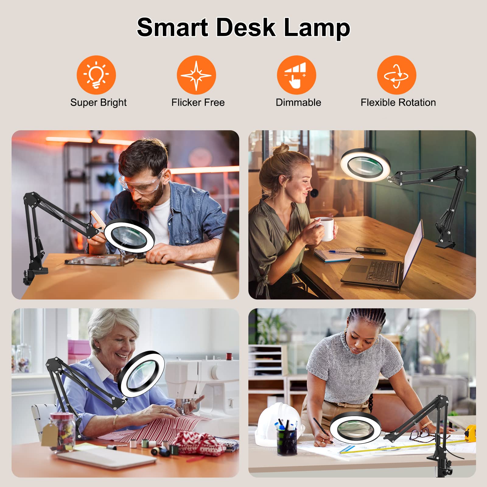 BRISON Magnifying Desk Lamp with Clamp, 3 Adjustable Light, 10 Brightness 8X Magnifier Lamps for Reading/Office/Soldering/Crafts, Swing Arms LED Desk Lamp with Sleep Timer Function