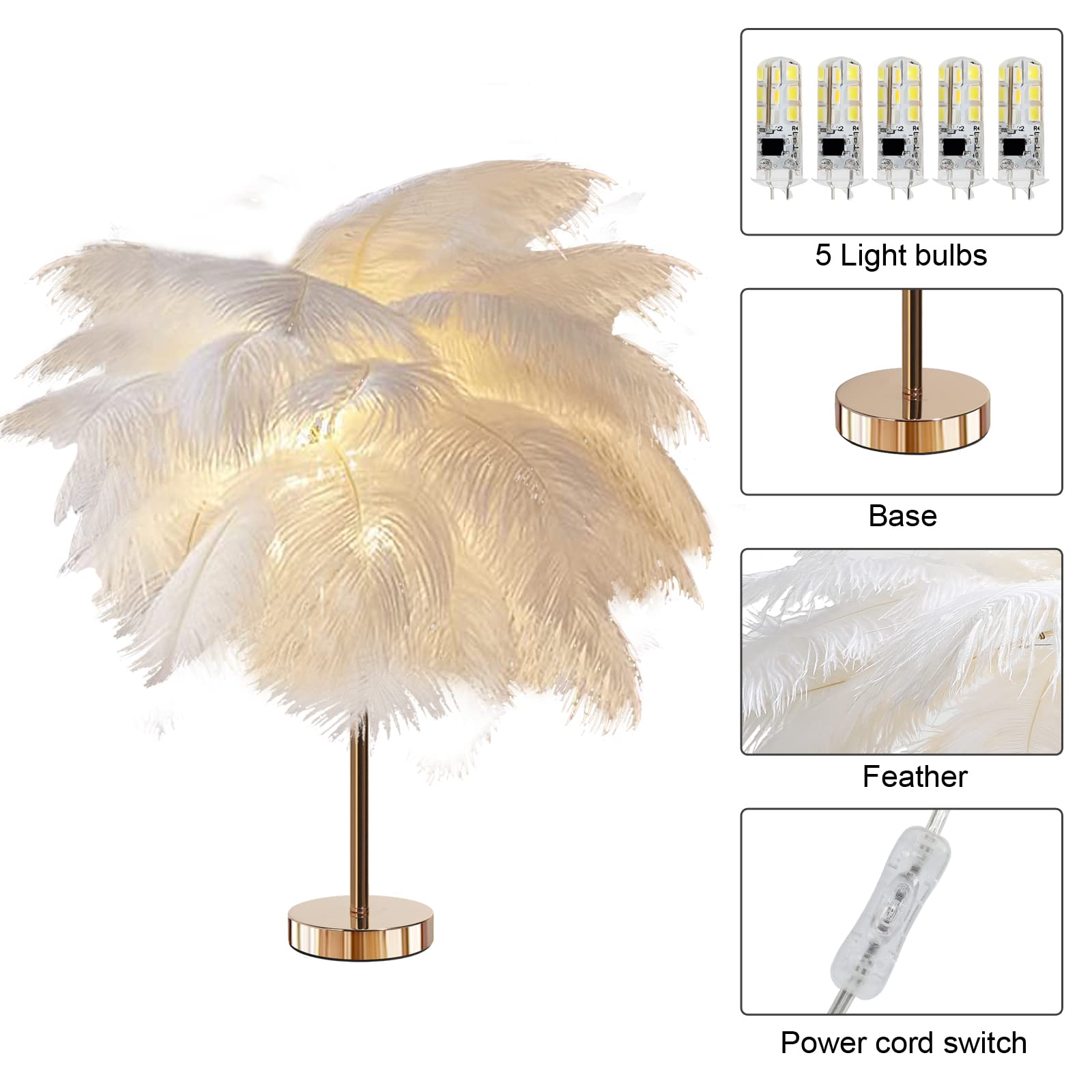 Ruconla Ostrich Feather Table Lamp with Plug in Wire, Modern Feather Lamp 5-Light Bedside Table Lamp, Golden Lamp Body for Bedroom Nightstand Lamp Desk Night Light (White)