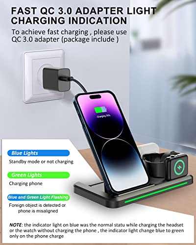Wireless Charger for iPhone,Charging Station for Apple Multiple Devices,Foldable 3 in 1 Charger for iPhone 14/13/12/11/Pro/Max/XS/Max/XR/XS/X, Apple Watch 8/7/6/SE/5/4/3/2, Airpods Pro/3/2/1