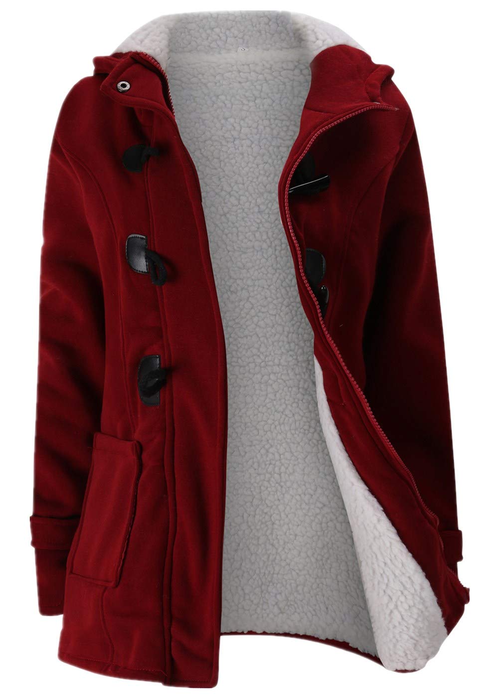 JiangWu Womens Fashion Horn Button Fleece Thicken Coat with Hood Winter Warm Jacket (XX-Large, Wine-red)