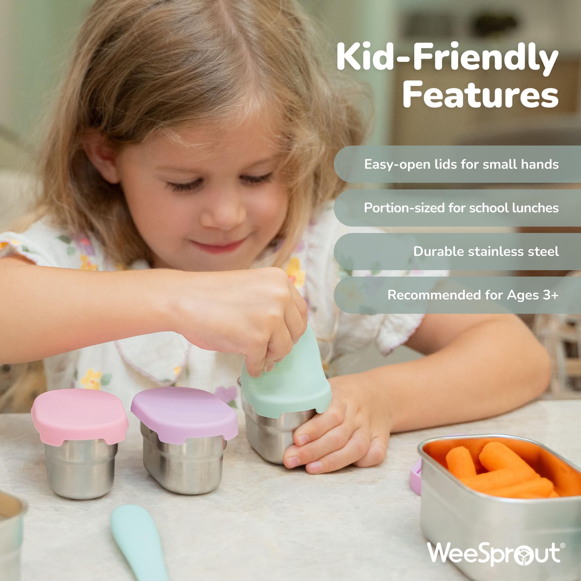 WeeSprout 18/8 Stainless Steel Condiment Containers - Set of 3 Small Dipping Sauce Cups (2.5 oz) with Lids, Pack in Kid/Adult Lunch Box, Leakproof Silicone Lids, Easy to Open, for Dips/Condiments