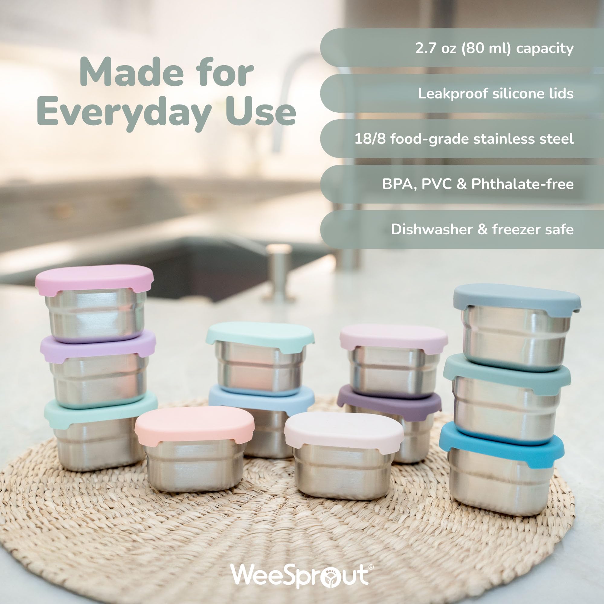 WeeSprout 18/8 Stainless Steel Condiment Containers - Set of 3 Small Dipping Sauce Cups (2.5 oz) with Lids, Pack in Kid/Adult Lunch Box, Leakproof Silicone Lids, Easy to Open, for Dips/Condiments