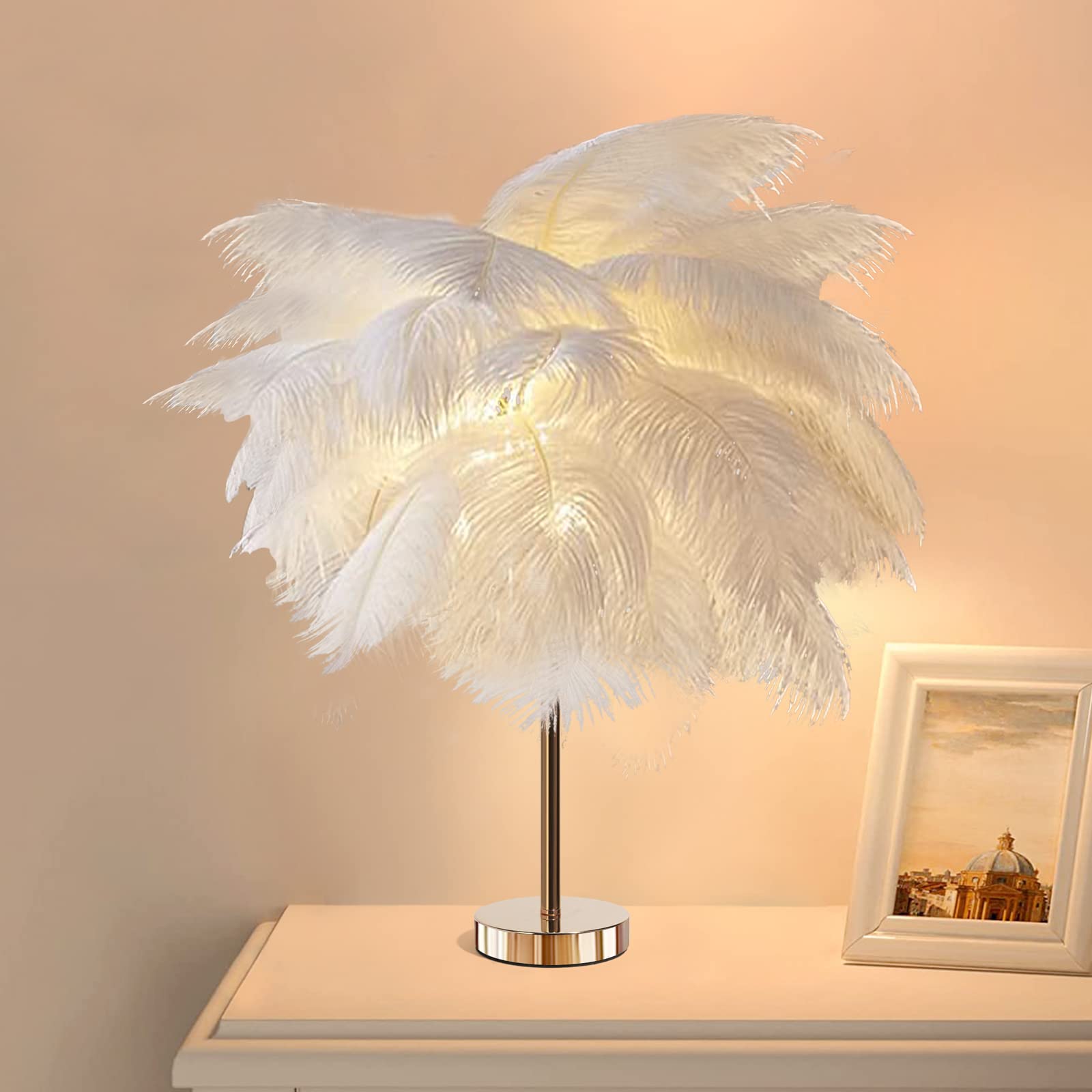 Ruconla Ostrich Feather Table Lamp with Plug in Wire, Modern Feather Lamp 5-Light Bedside Table Lamp, Golden Lamp Body for Bedroom Nightstand Lamp Desk Night Light (White)