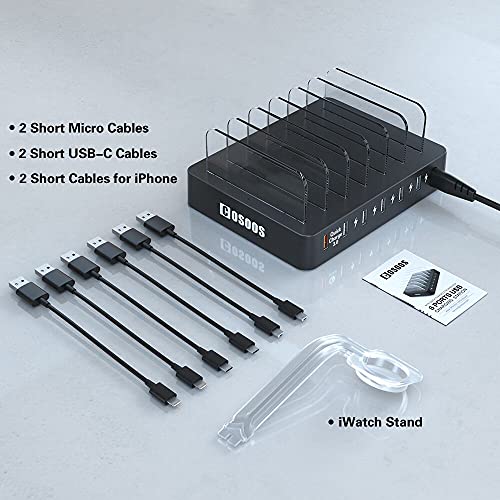 Fastest Charging Station with QC Quick Charge 3.0, COSOOS 63W 12A 6-Port USB Charging Station for Multiple Devices with 6 Mixed Short Cable & iWatch Stand, Multi Charger Station for Cell Phone, Tablet