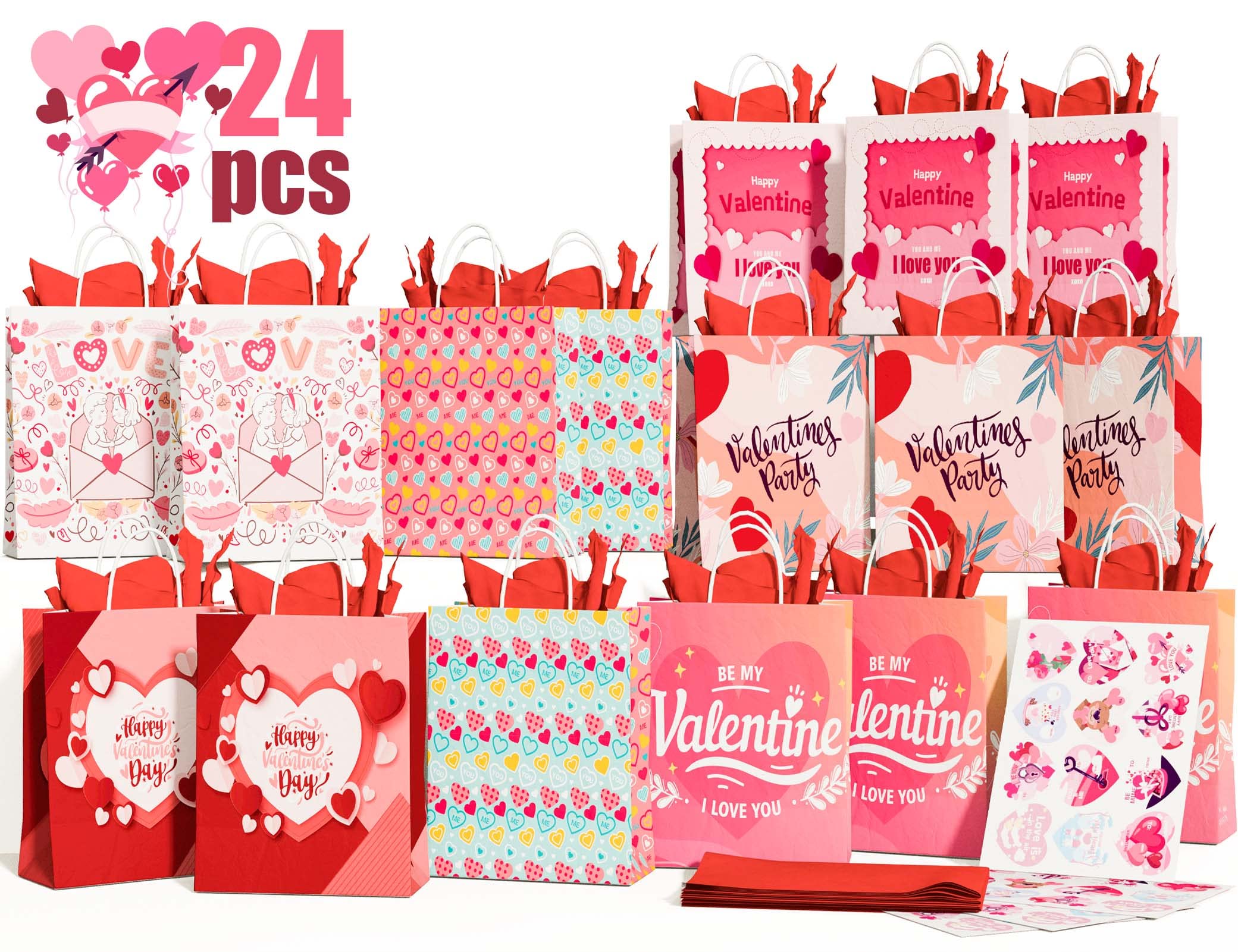 72PCS Valentines Day Gift Bags Bulk with 24 Bags 9”x7''x3.5'' 24 Tissue Paper&24 Stickers for Kids Adults Holiday Goody Candy Chocolate Bakery Treat Bag for Gift Giving,Classrooms Gift Exchange,Party Favor