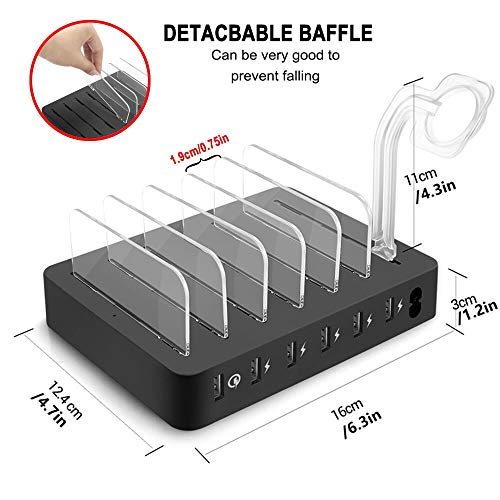 Fastest Charging Station with QC Quick Charge 3.0, COSOOS 63W 12A 6-Port USB Charging Station for Multiple Devices with 6 Mixed Short Cable & iWatch Stand, Multi Charger Station for Cell Phone, Tablet