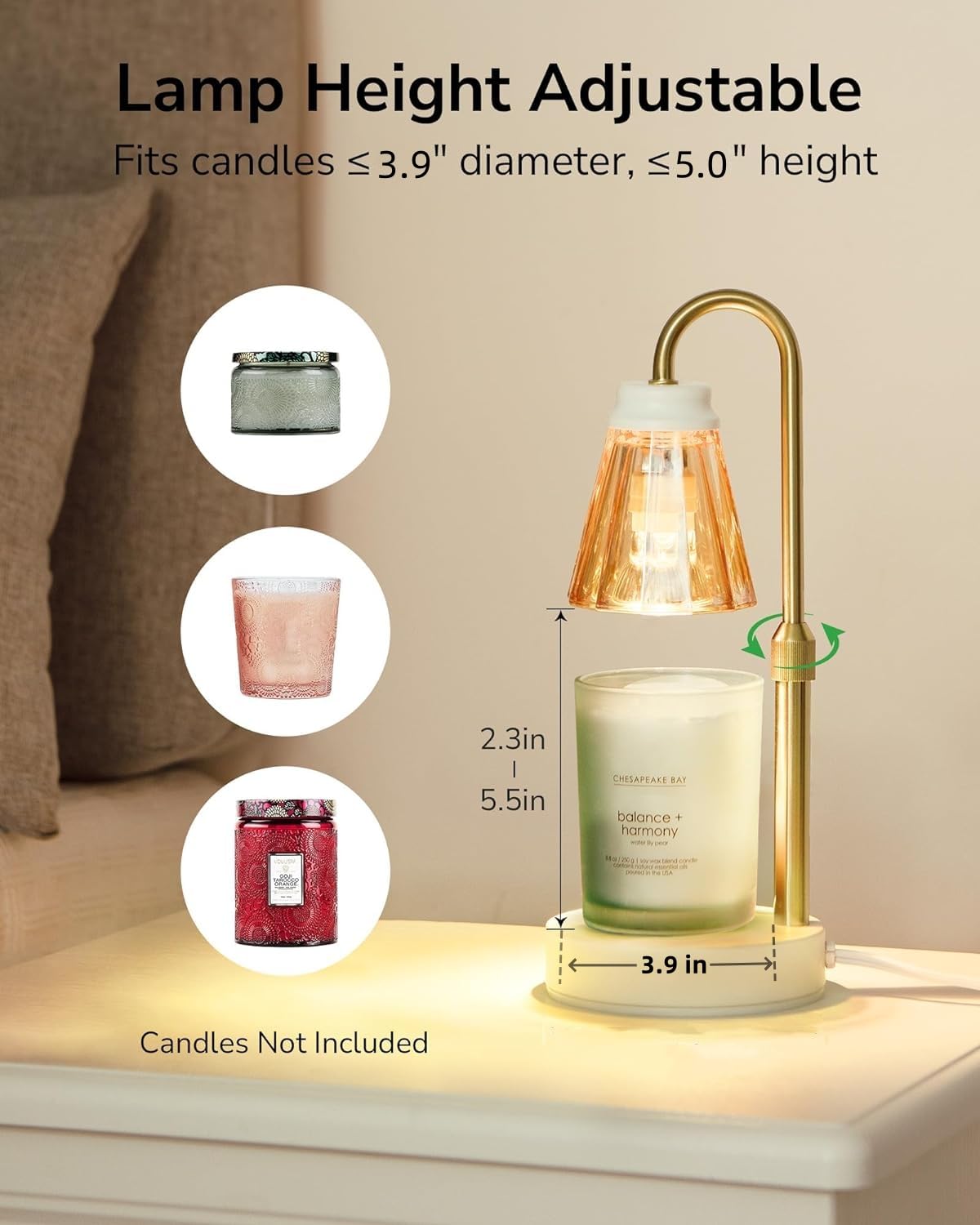 ULG 2-Pack Candle Warmer Lamp with Dimmer, Lamp Candle Heater with 4 Bulbs for 3 Wick Candles, Height Adjustable Candle Melter Light for Scented Wax, for Her/Mom, Amber