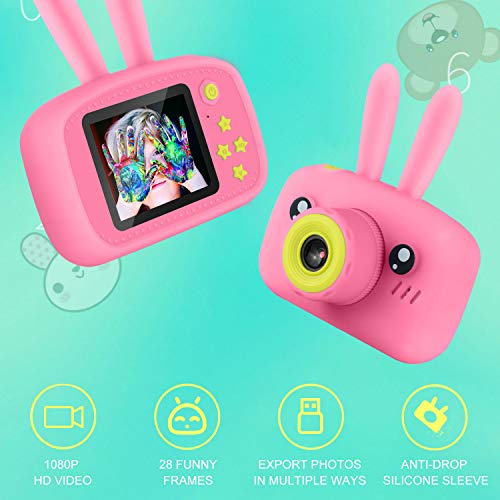 JAMSWALL Kids Camera, 12MP 1080P FHD Digital Video Camera with 28 Funny Filters, Soft Silicone Cute Shell, 2.4 Inch IPS Screen for 3-14 Years Girls