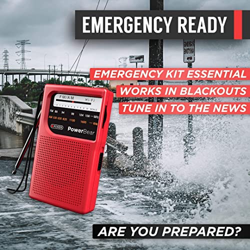 PowerBear Portable Radio | AM/FM, Battery Operated, Long Range (Black,Red)