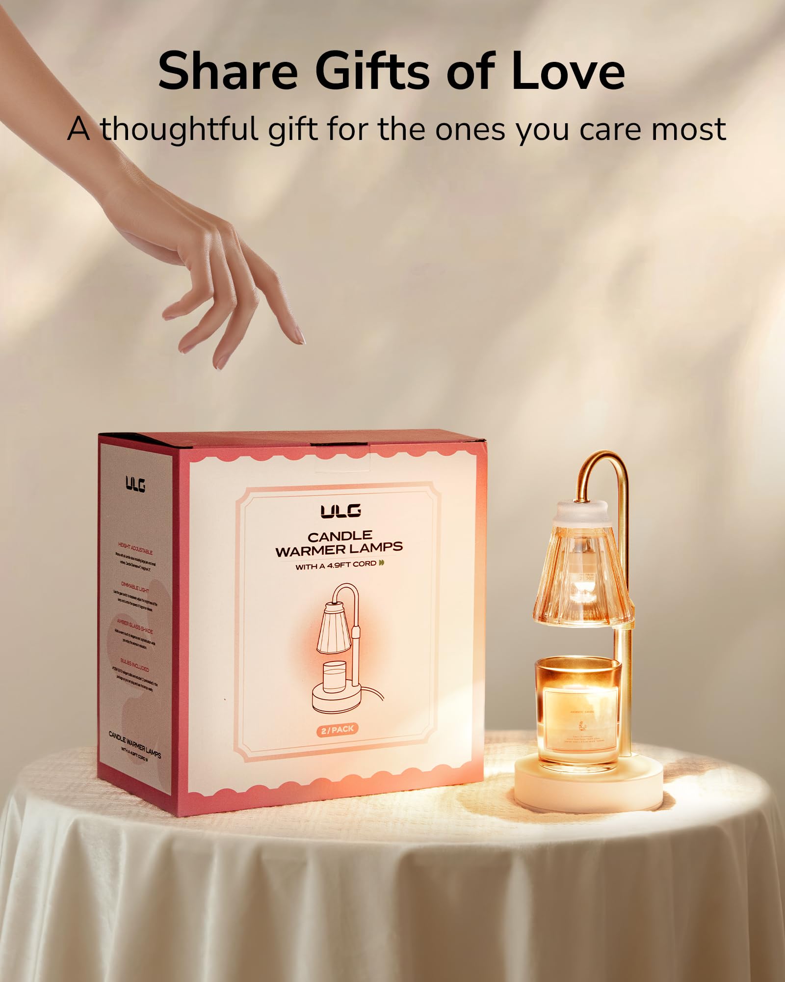 ULG 2-Pack Candle Warmer Lamp with Dimmer, Lamp Candle Heater with 4 Bulbs for 3 Wick Candles, Height Adjustable Candle Melter Light for Scented Wax, for Her/Mom, Amber