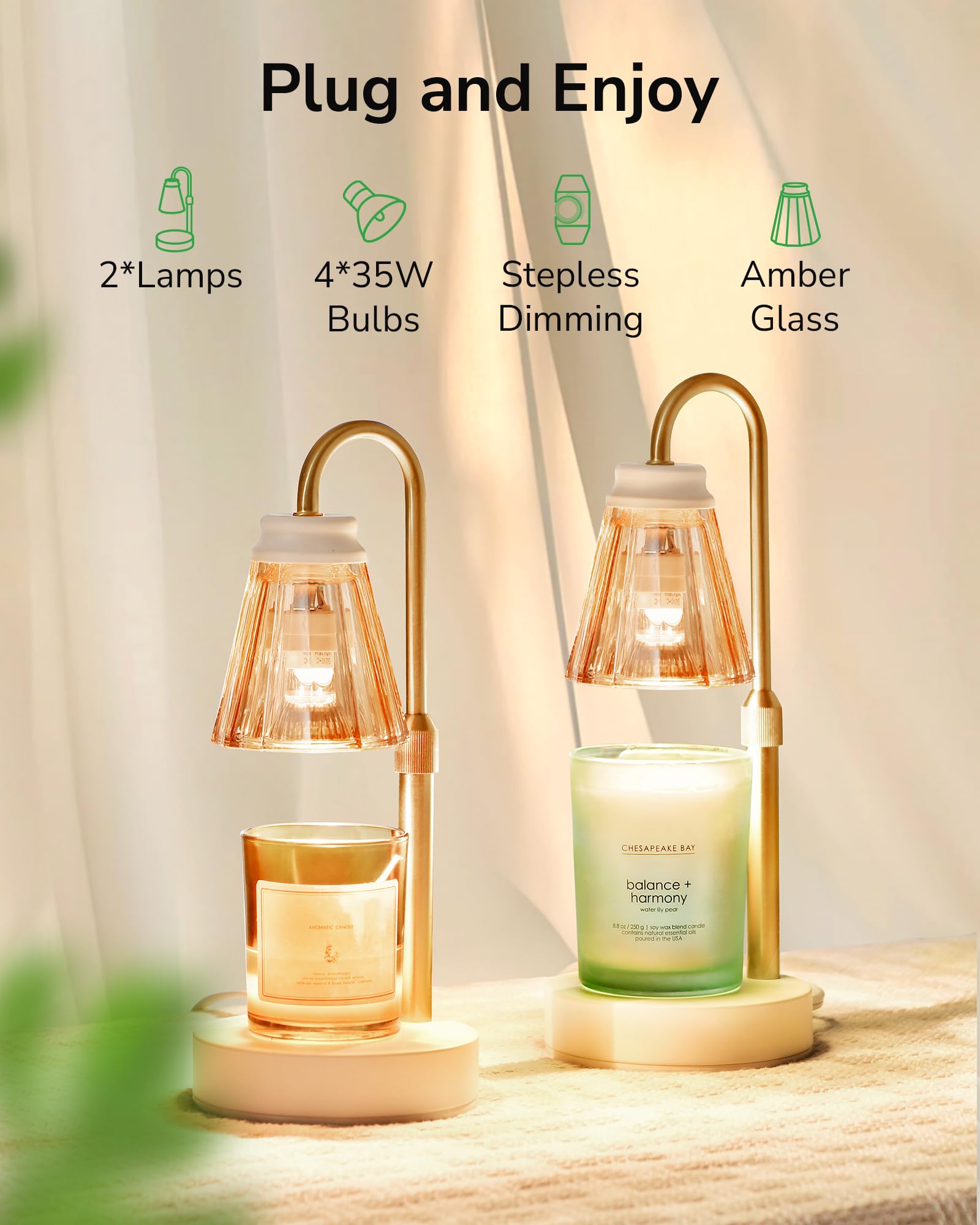 ULG 2-Pack Candle Warmer Lamp with Dimmer, Lamp Candle Heater with 4 Bulbs for 3 Wick Candles, Height Adjustable Candle Melter Light for Scented Wax, for Her/Mom, Amber