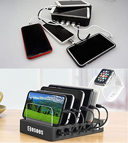 Fastest Charging Station with QC Quick Charge 3.0, COSOOS 63W 12A 6-Port USB Charging Station for Multiple Devices with 6 Mixed Short Cable & iWatch Stand, Multi Charger Station for Cell Phone, Tablet