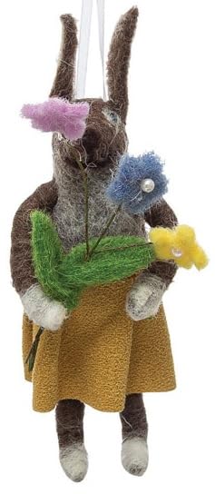 OnHoliday Wool Felt Bunny Rabbit in Skirt with Flowers Hanging Christmas Tree Ornament