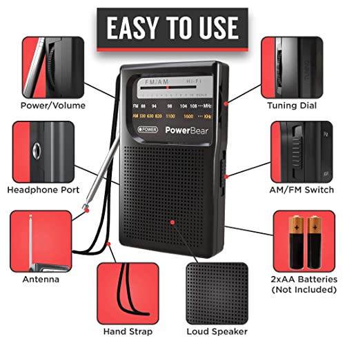 PowerBear Portable Radio | AM/FM, Battery Operated, Long Range (Black,Red)