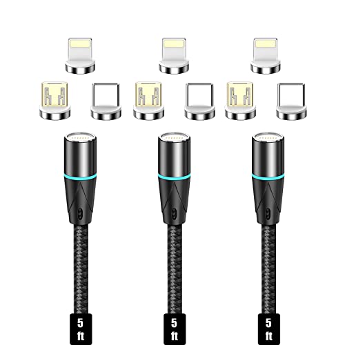 NetDot Magnetic Charging Cable,3in1 Gen12 (5ft/3 Pack Black) 18W Fast Charging Magnetic Phone Charger and Data Transfer Magnetic Charger for USB-C,Micro USB and i-Product