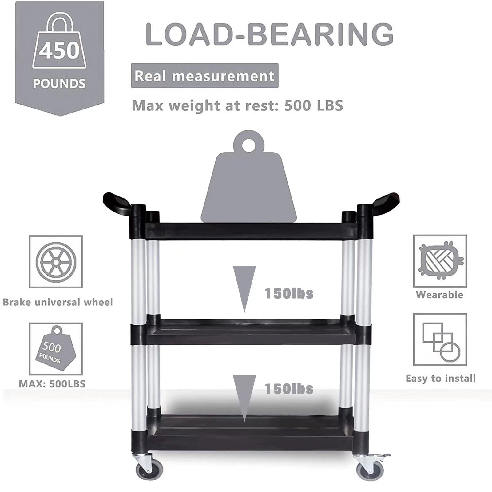IMGZAR Utility Carts with Wheels Rolling Cart Heavy Duty Food Service Cart for Kitchen Warehouse Office, Free Rubber Hammer, Lockable Wheels, 500 Lbs Capacity 31.5''L X 17''W X 38''H Black