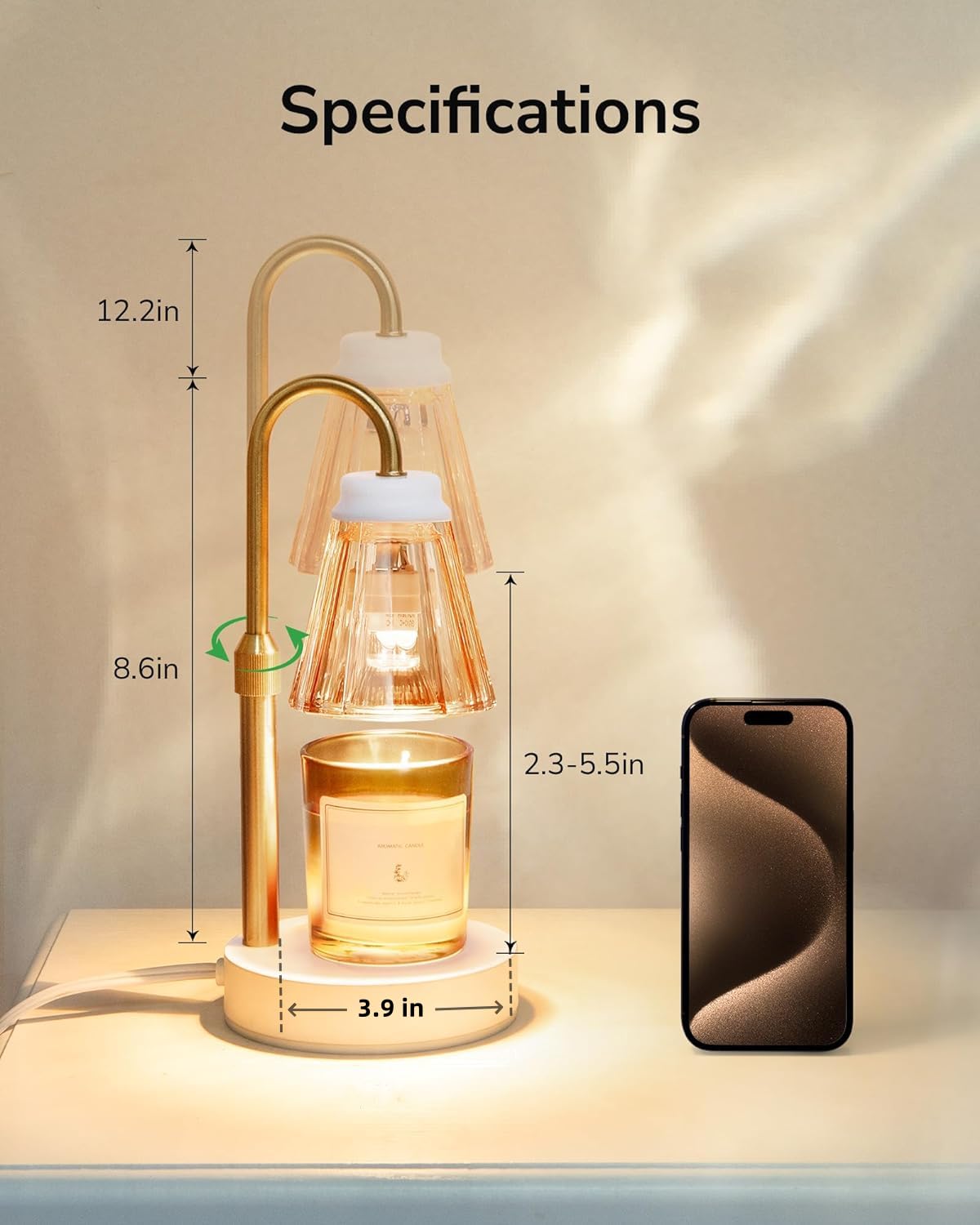 ULG 2-Pack Candle Warmer Lamp with Dimmer, Lamp Candle Heater with 4 Bulbs for 3 Wick Candles, Height Adjustable Candle Melter Light for Scented Wax, for Her/Mom, Amber
