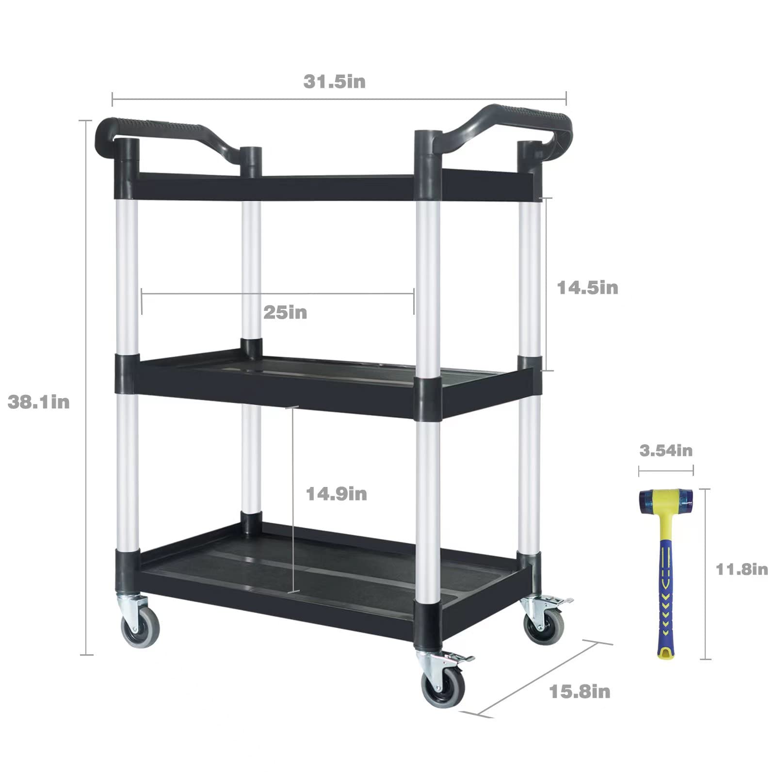 IMGZAR Utility Carts with Wheels Rolling Cart Heavy Duty Food Service Cart for Kitchen Warehouse Office, Free Rubber Hammer, Lockable Wheels, 500 Lbs Capacity 31.5''L X 17''W X 38''H Black