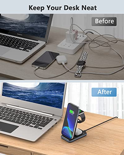 Wireless Charger, 3 in 1 Fast Wireless Charging Station, Wireless Charging Stand Dock 18W Foldable for Apple Watch SE/7/6/5/4/3/2 AirPods 3/2/Pro iPhone 13/12/11/Pro/XS/Xs Max/XR/X/SE/8/8 Plus