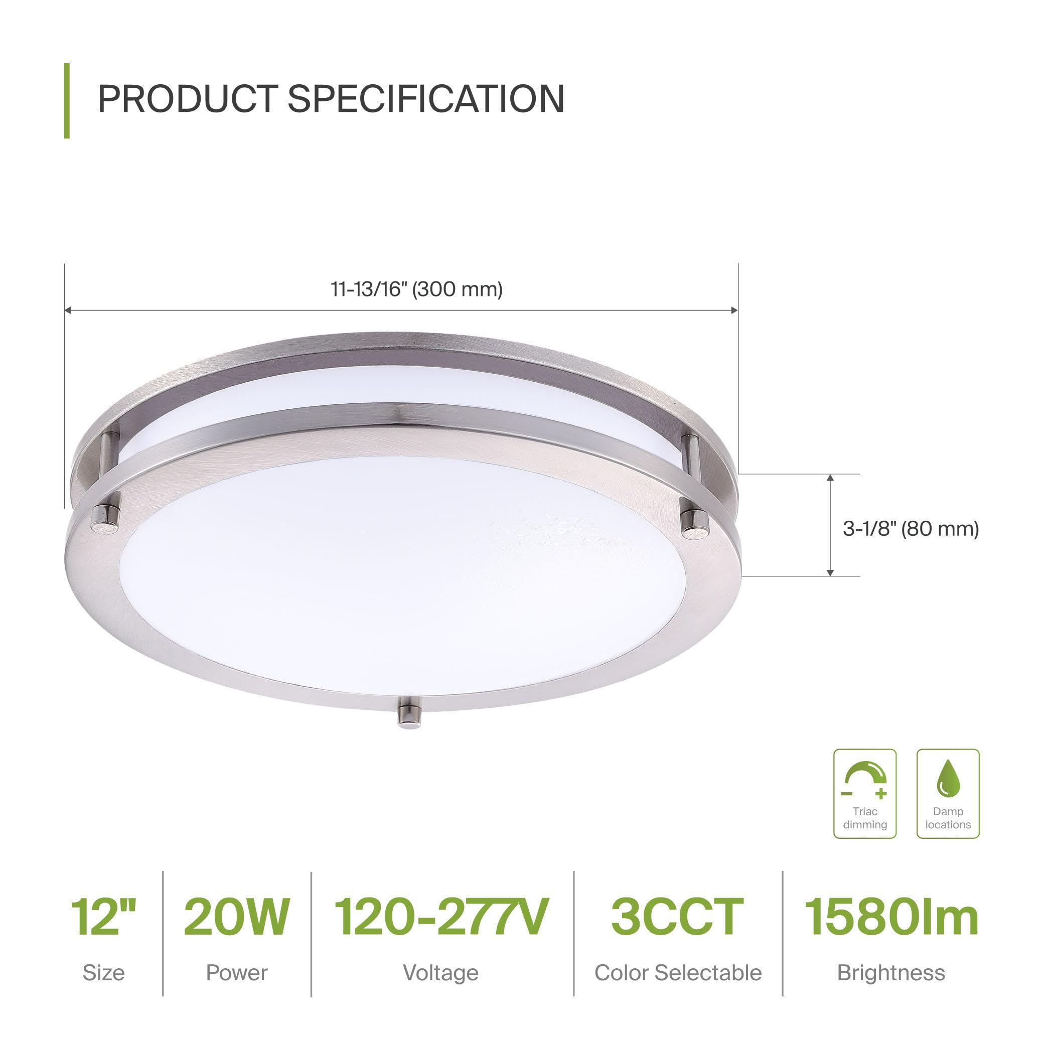 ASD LED 12 Inch Round Flush Mount Light Fixture | 20W 1600LM 3000K-5000K 100-277V | 3CCT, Dimmable, Energy Star, ETL Listed | Close to Ceiling Double Ring Lamp, Low Profile Lighting | Nickel