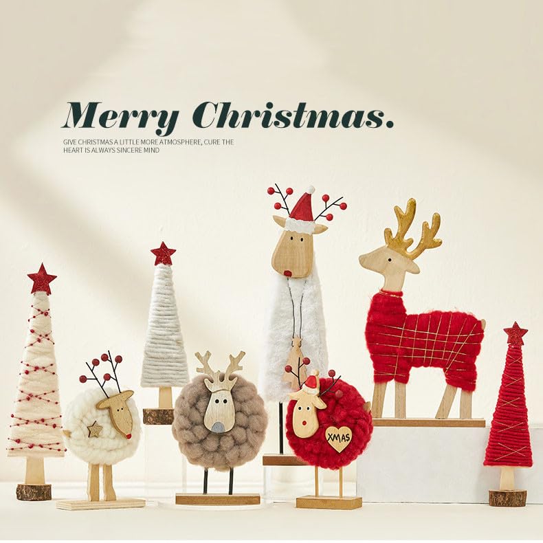 Christmas Home Decor Wool, Wood Felt Reindeer Elk Tree Decorations, Christmas Tree Desktop Wool Felts Ornaments, Christmas Tree Wooden Reindeer (C)
