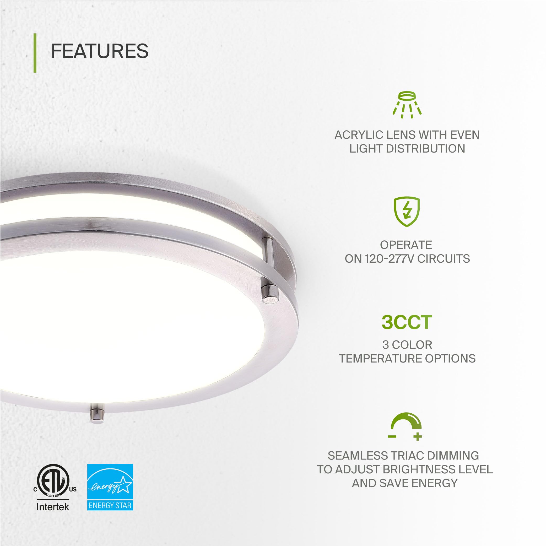 ASD LED 12 Inch Round Flush Mount Light Fixture | 20W 1600LM 3000K-5000K 100-277V | 3CCT, Dimmable, Energy Star, ETL Listed | Close to Ceiling Double Ring Lamp, Low Profile Lighting | Nickel