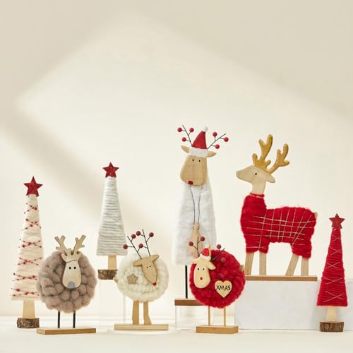 Christmas Home Decor Wool, Wood Felt Reindeer Elk Tree Decorations, Christmas Tree Desktop Wool Felts Ornaments, Christmas Tree Wooden Reindeer (C)