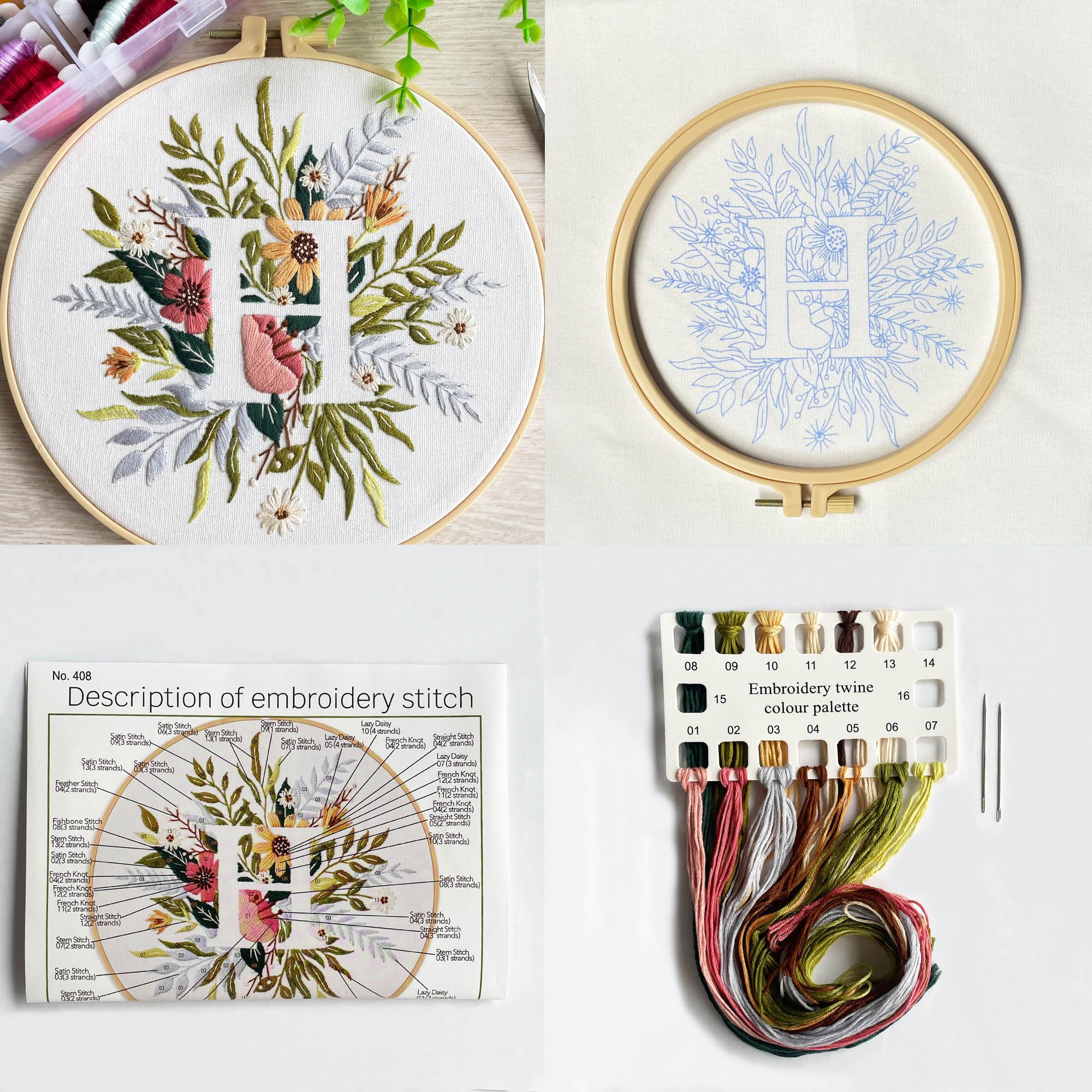 Silentsea Embroidery kit, 3 Sets of Floral Patterns for Beginners, with Hoops, Embroidery Cloth, Needles, Embroidery Thread and Other Tools