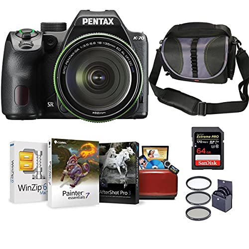 Pentax K-70 DSLR with SMC DA 18-135mm f/3.5-5.6 ED AL CD WR Lens, Black Bundle with Corel Mac Photo Editing Software, Bag, 64GB SD Card, Filter Kit
