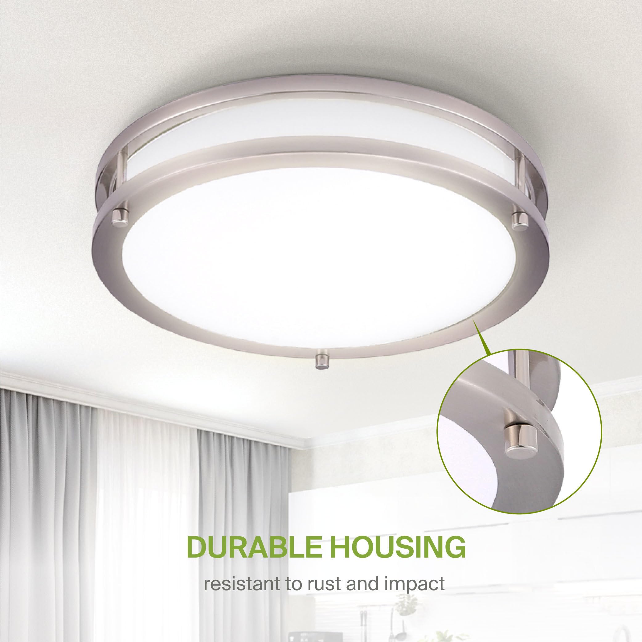 ASD LED 12 Inch Round Flush Mount Light Fixture | 20W 1600LM 3000K-5000K 100-277V | 3CCT, Dimmable, Energy Star, ETL Listed | Close to Ceiling Double Ring Lamp, Low Profile Lighting | Nickel