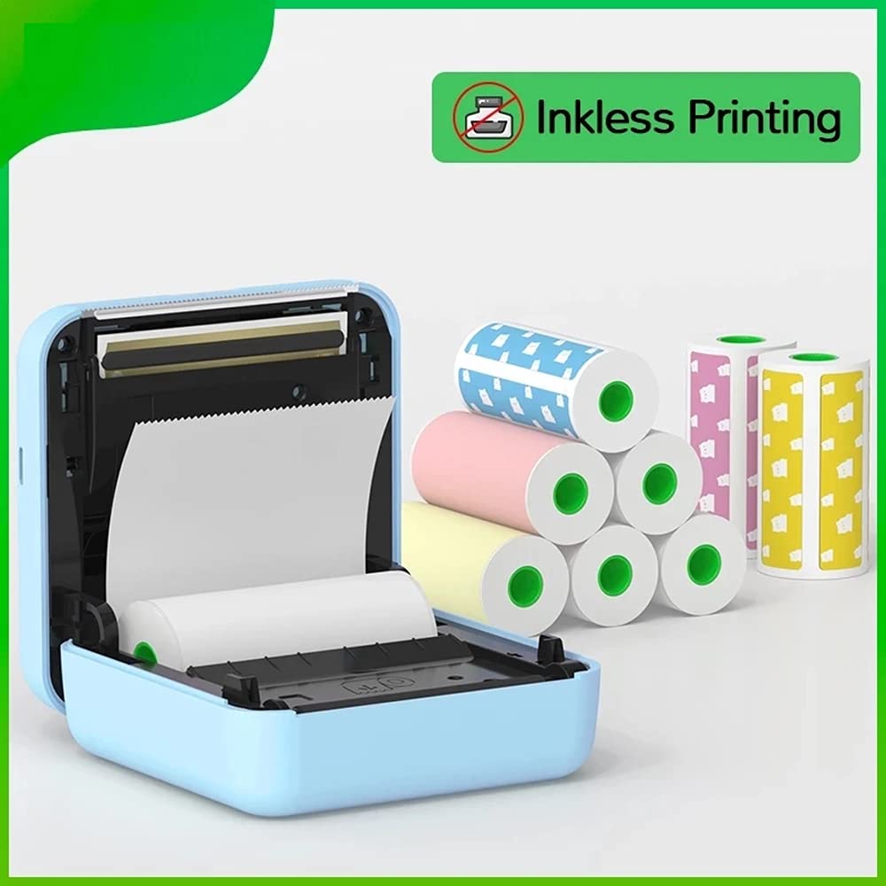 Mini Thermal Printer, Mobile Printer, Wireless Thermal Printer, Thermal Bluetooth Label Printer with 6 Printing Papers Portable Smart Photo Printer for All Smart Phones (Blue)