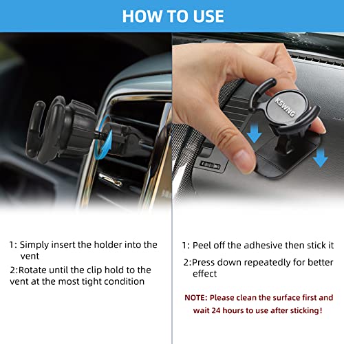 KSWNG Universal Air Vent Car Mount and Dashboard Sticker Holder 360° Rotation Clip Car Mount Phone Holder with Adjustable Switch Lock for Smartphones GPS Navigation (2 Pack, Black)