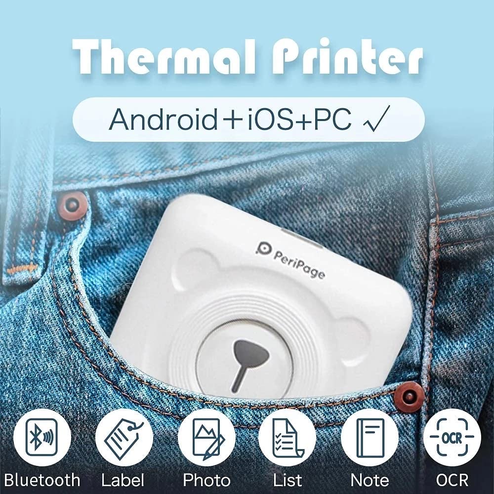 Mini Thermal Printer, Mobile Printer, Wireless Thermal Printer, Thermal Bluetooth Label Printer with 6 Printing Papers Portable Smart Photo Printer for All Smart Phones (Blue)