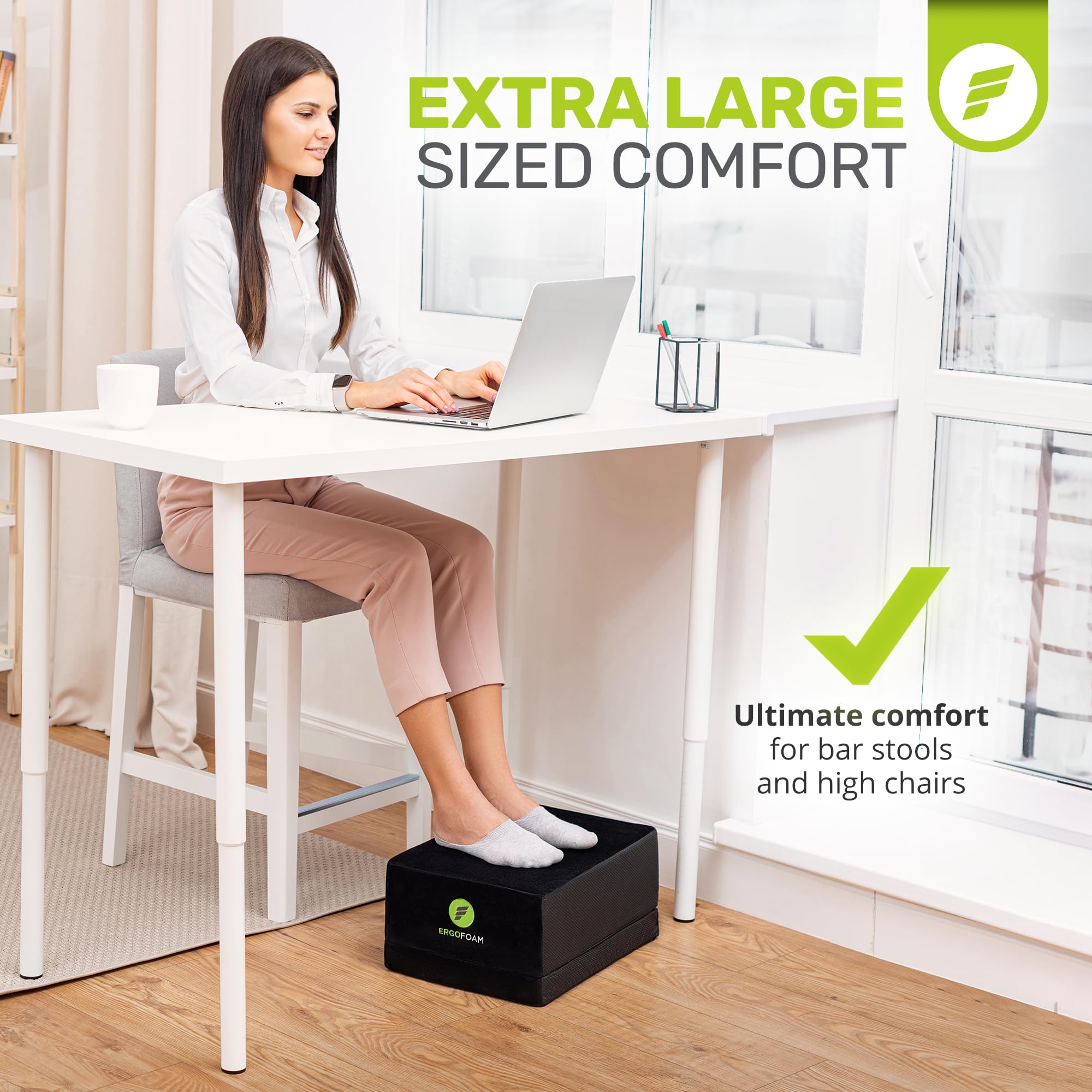 ErgoFoam XL Foot Rest for Stools and High Chairs - Adjustable Foot Rest for Added Height - Extra Large Premium Velvet Soft Foam Footrest (Black)