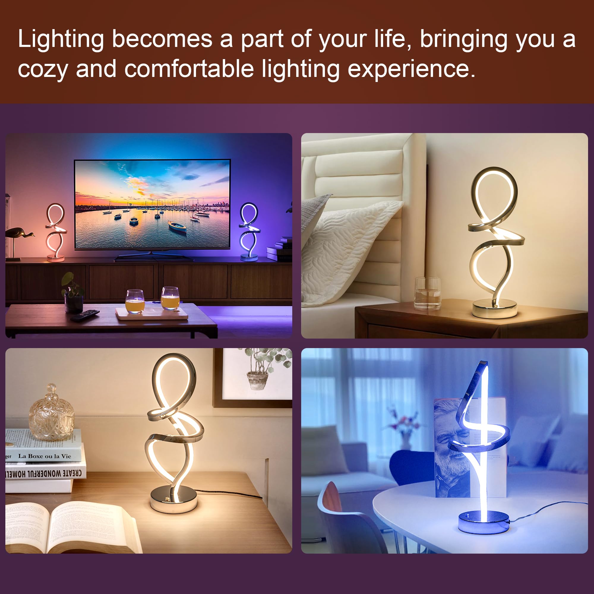 Mayful Modern Table Lamp, RGB Table Lamp，LED Spiral Lamp, Silver Bedside Lamp with 7 Colors 10 Light Modes, Touch Dimmable Nightstand Lamp for Bedroom Living Room Home Office, 15W