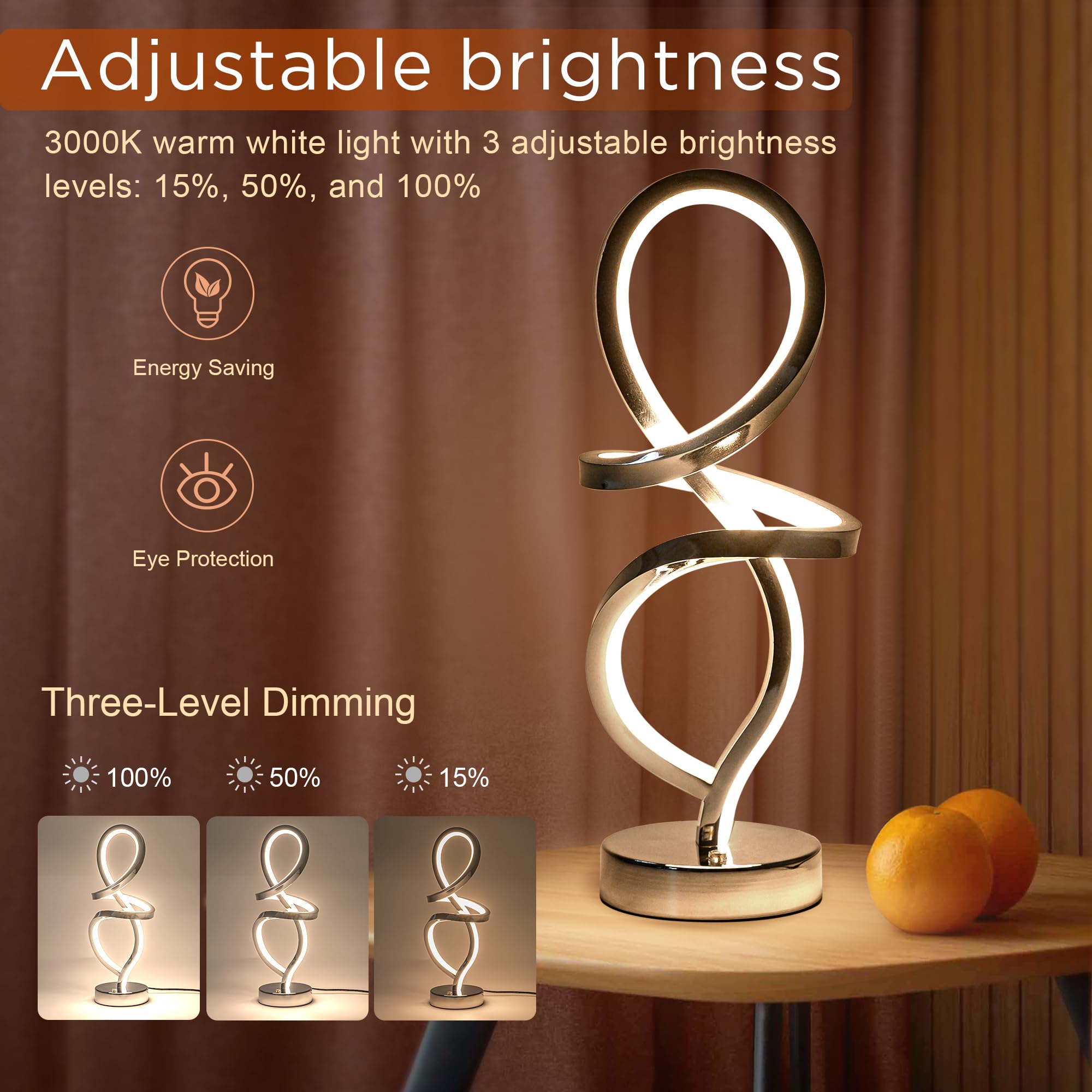 Mayful Modern Table Lamp, RGB Table Lamp，LED Spiral Lamp, Silver Bedside Lamp with 7 Colors 10 Light Modes, Touch Dimmable Nightstand Lamp for Bedroom Living Room Home Office, 15W